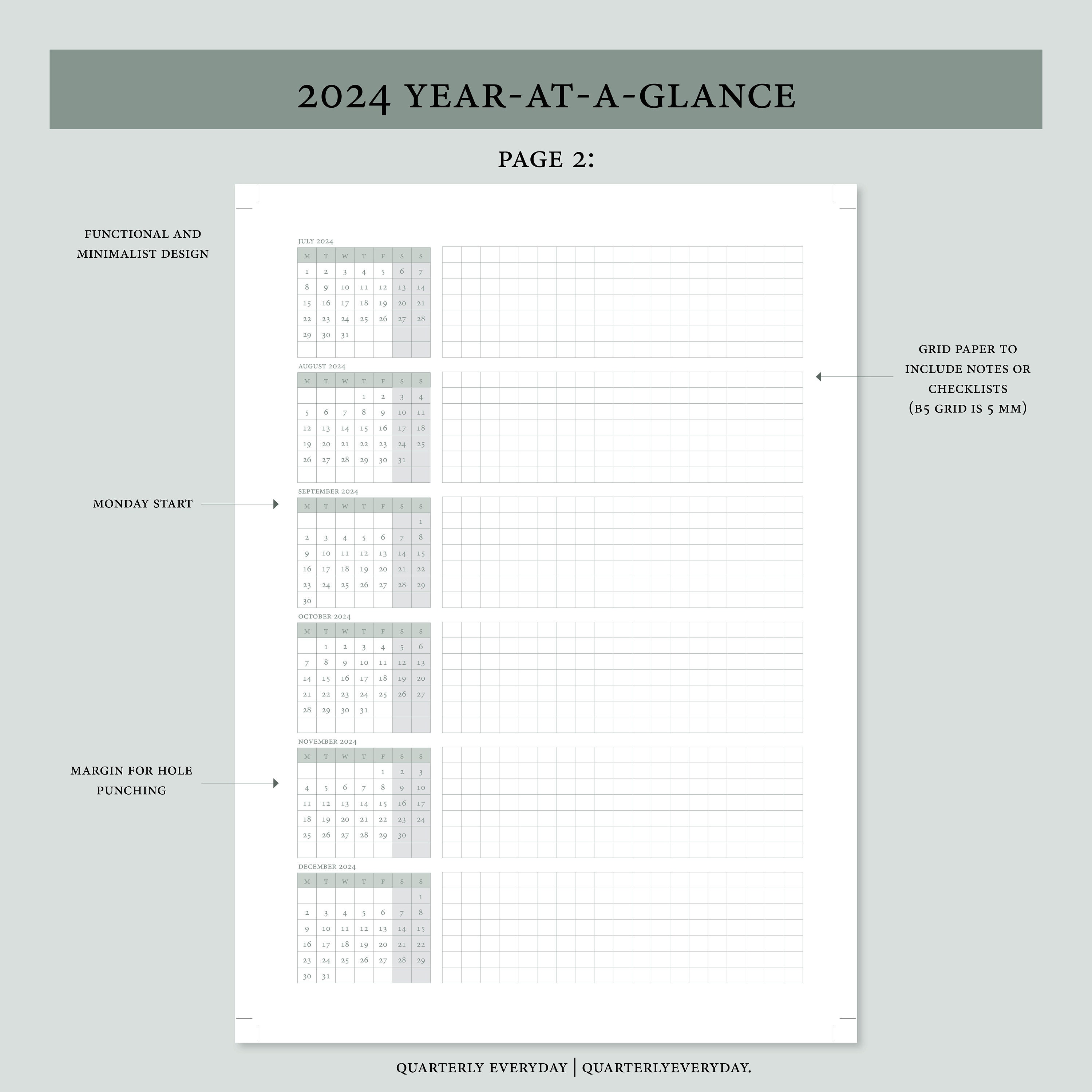2024 Year-at-a-glance, Functional Printable Planner, Minimalist ...
