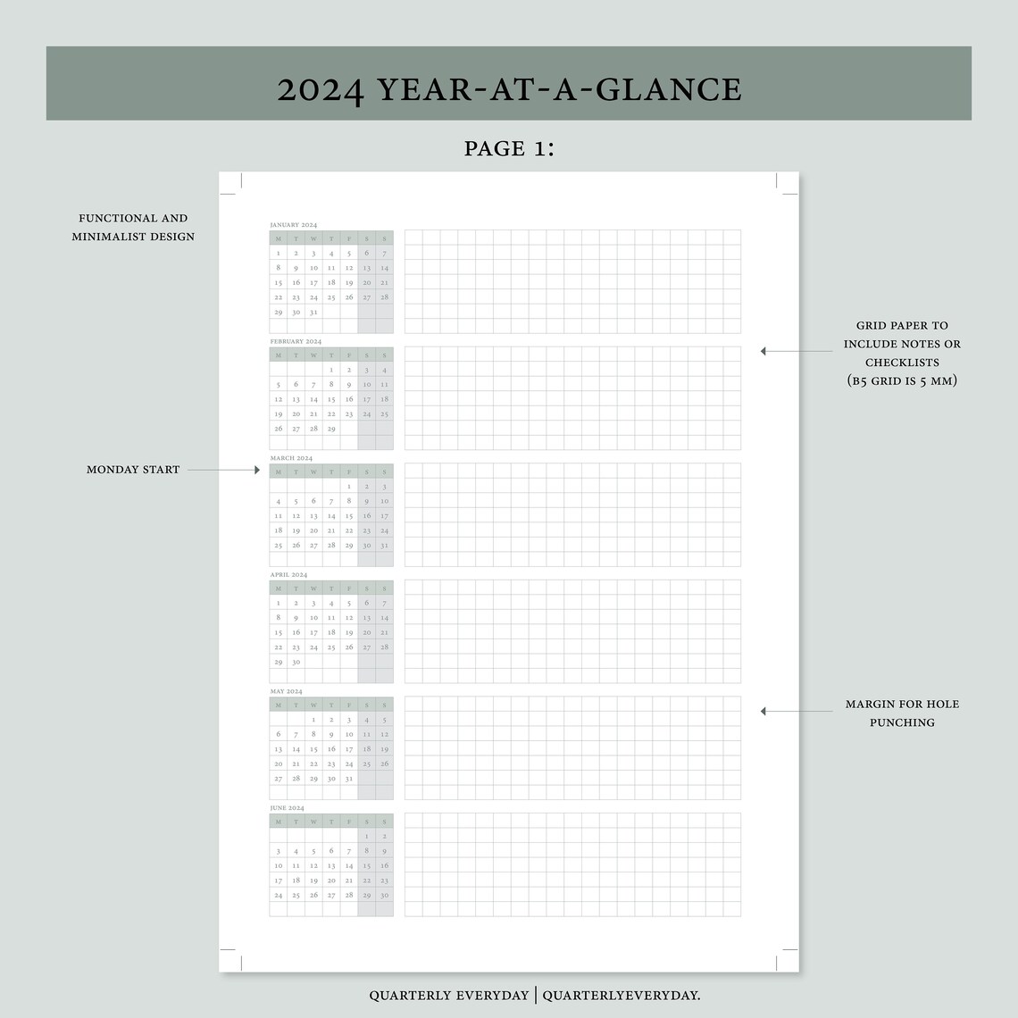 2024 Year-at-a-glance, Functional Printable Planner, Minimalist ...