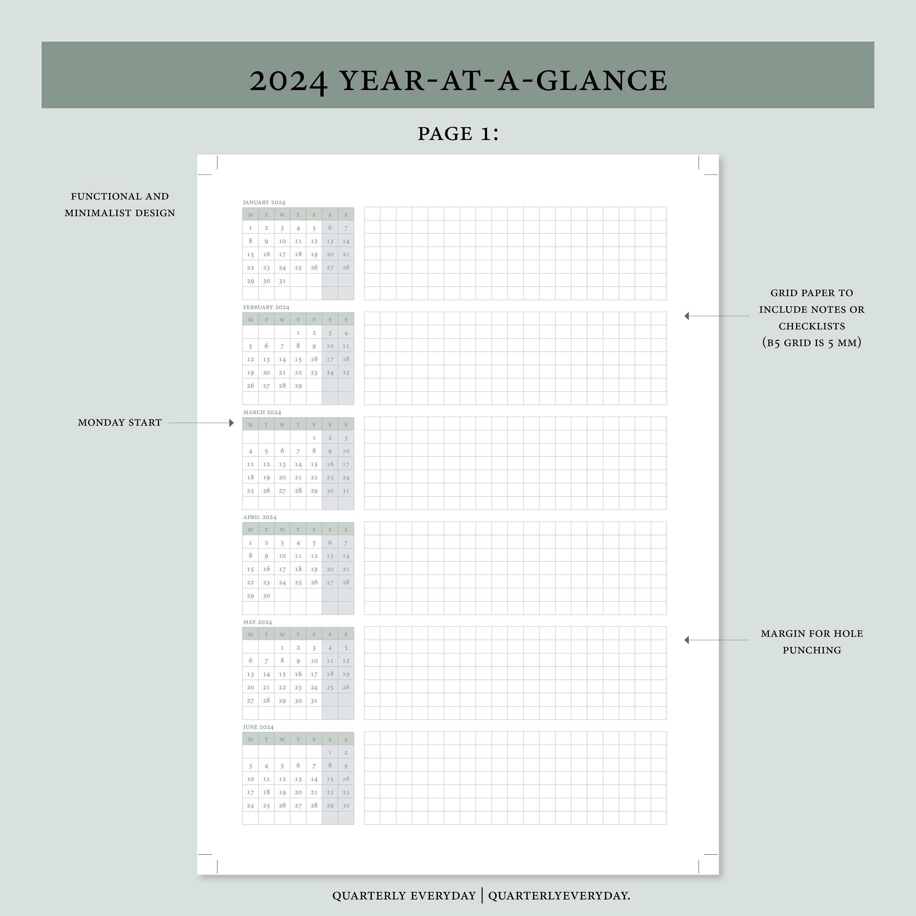 2024 Year-at-a-glance, Functional Printable Planner, Minimalist ...