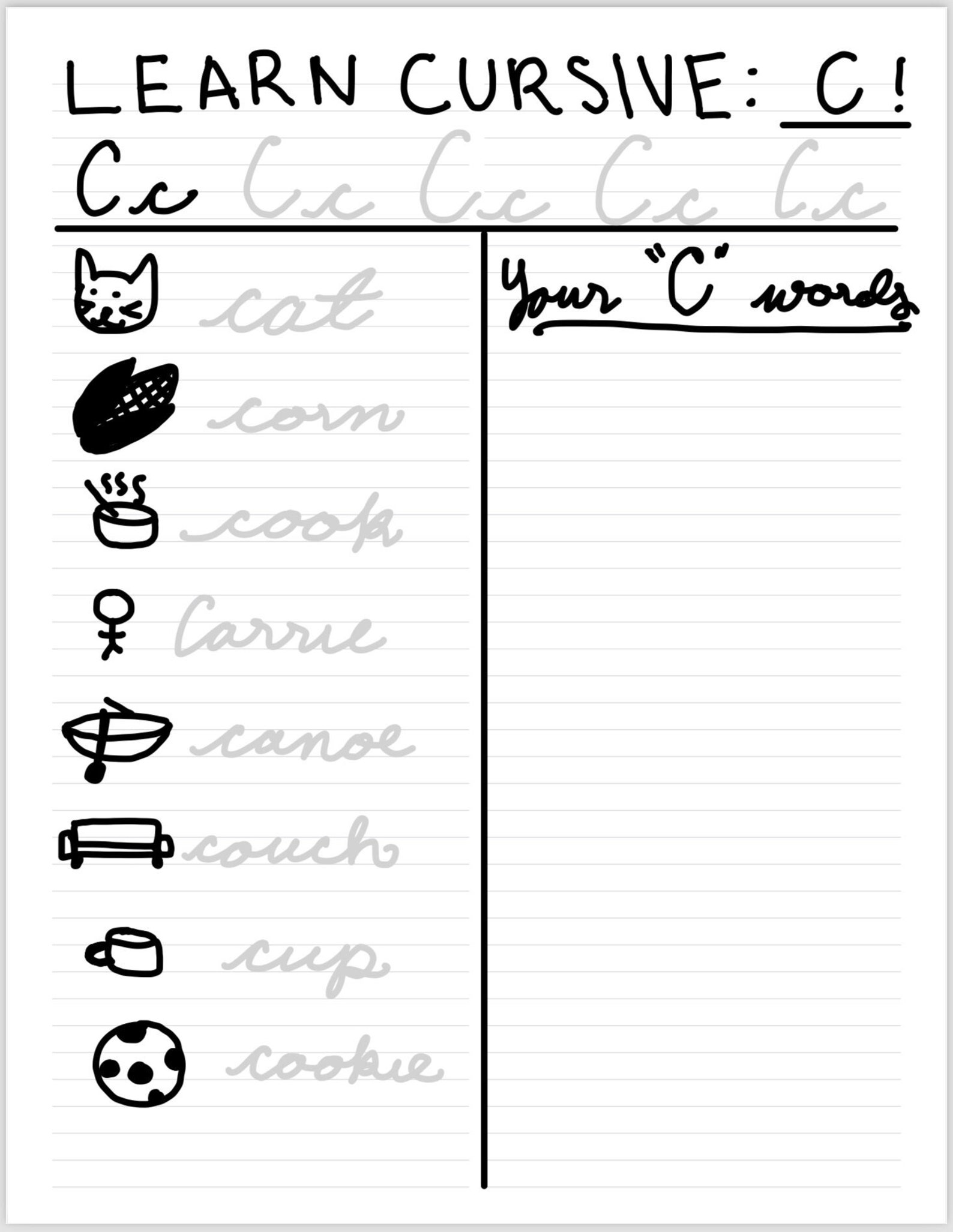 Learn Cursive! Letter C - Digital Download - Etsy