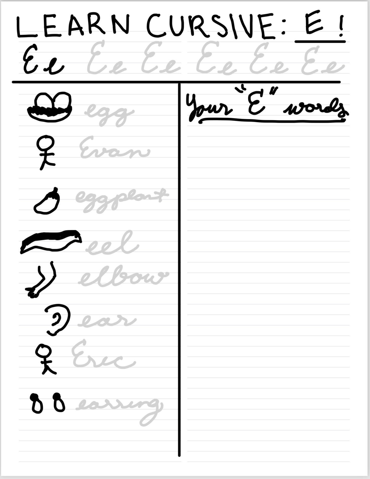 Learn Cursive Letter E Digital Download - Etsy