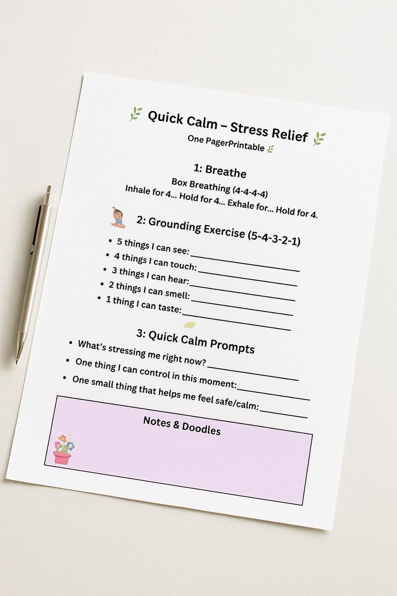 Quick Calm Stress Relief Worksheet, Anxiety Grounding Exercise, Box ...