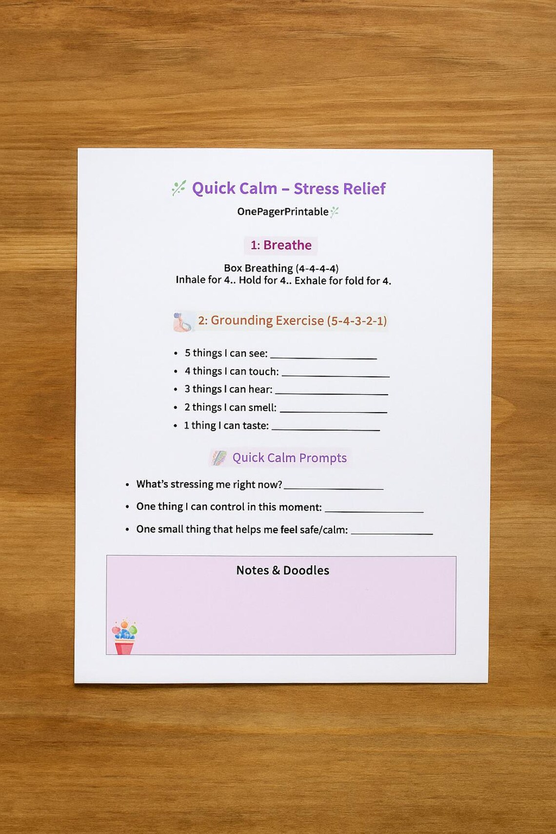 Quick Calm Stress Relief Worksheet, Anxiety Grounding Exercise, Box ...