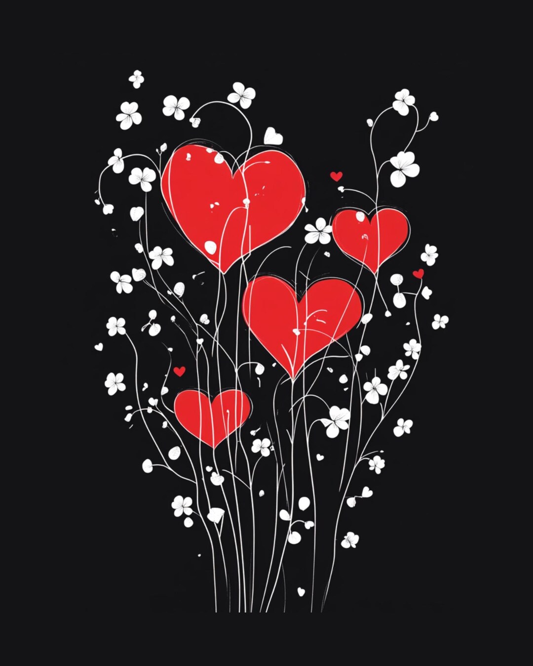 Printable Heart Wall Art | Modern Floral Heart Illustration | Black ...