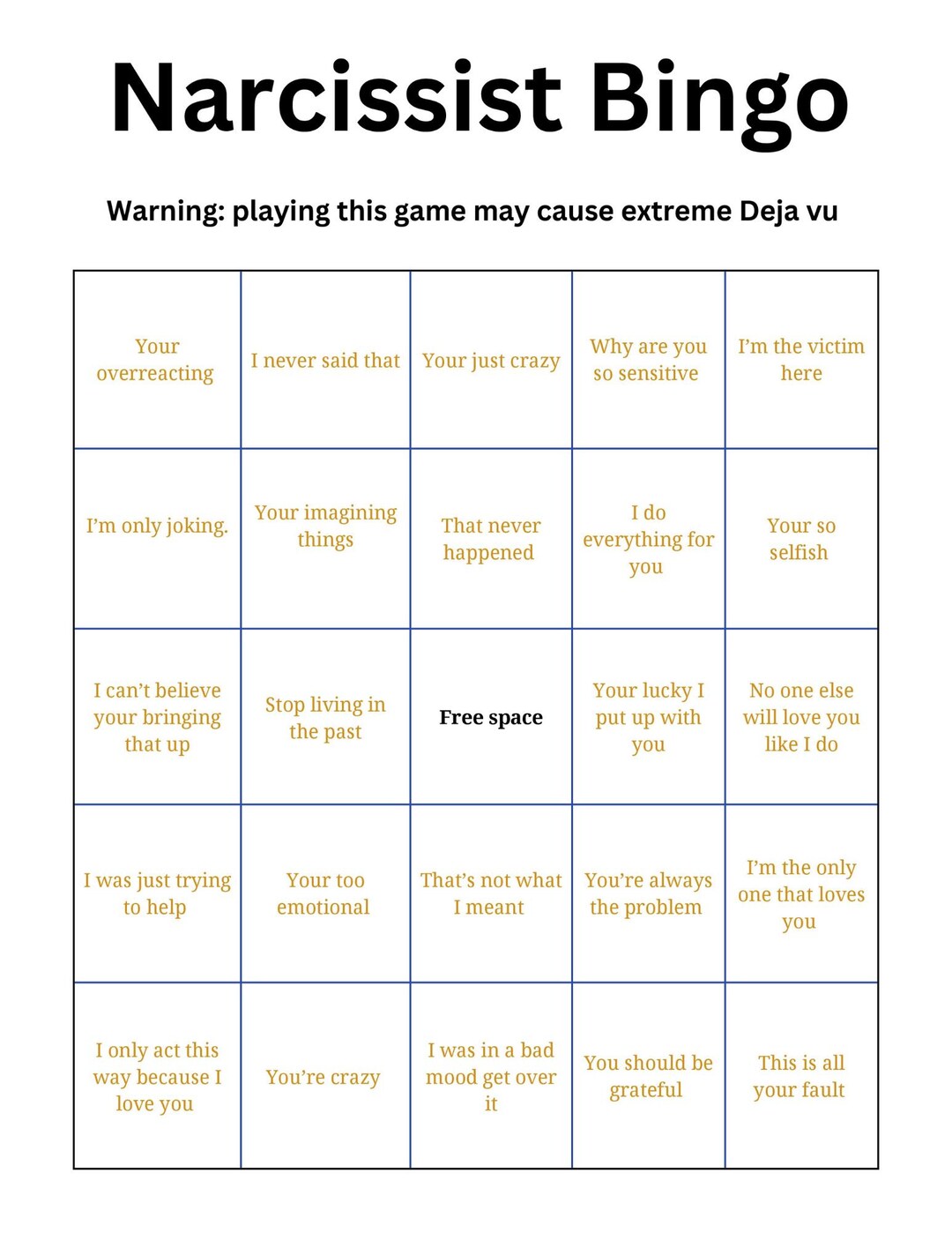 3 - Worksheets - Narcissist Bingo | Gaslighting and Lies Worksheets - Etsy