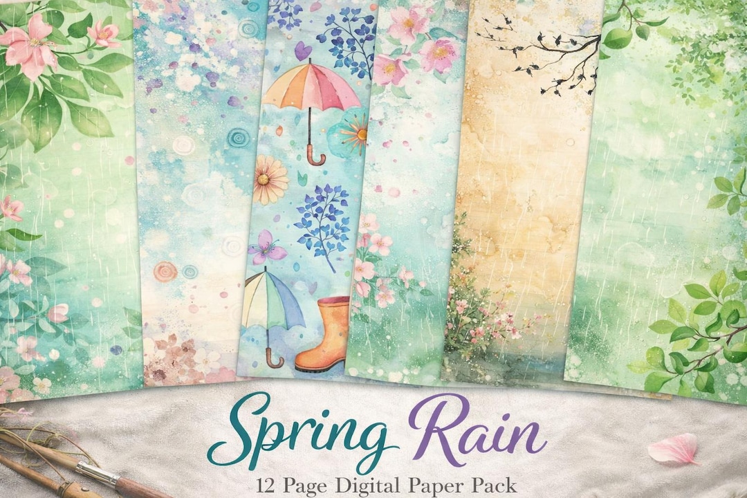 12 - Page Printable Paper Pack - Spring Rain, Watercolor Backgrounds ...