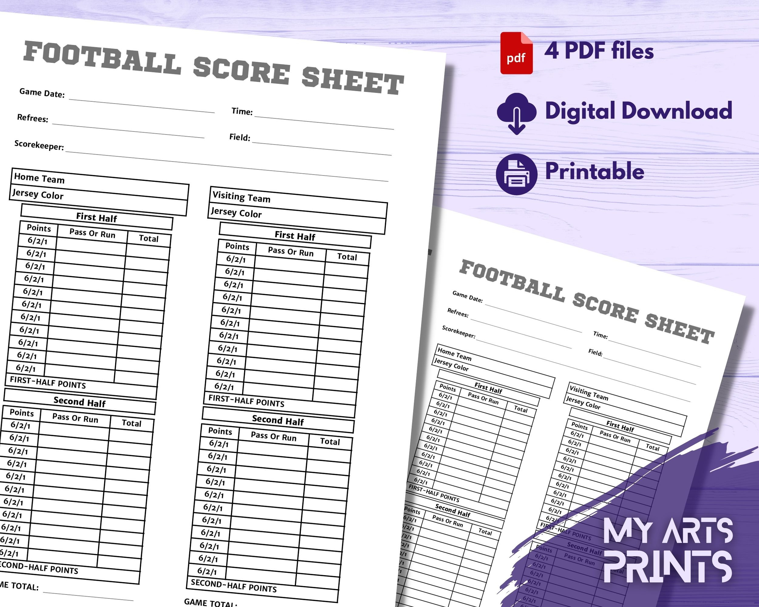 Football Score Sheet Printable Instant Download PDF American Football ...
