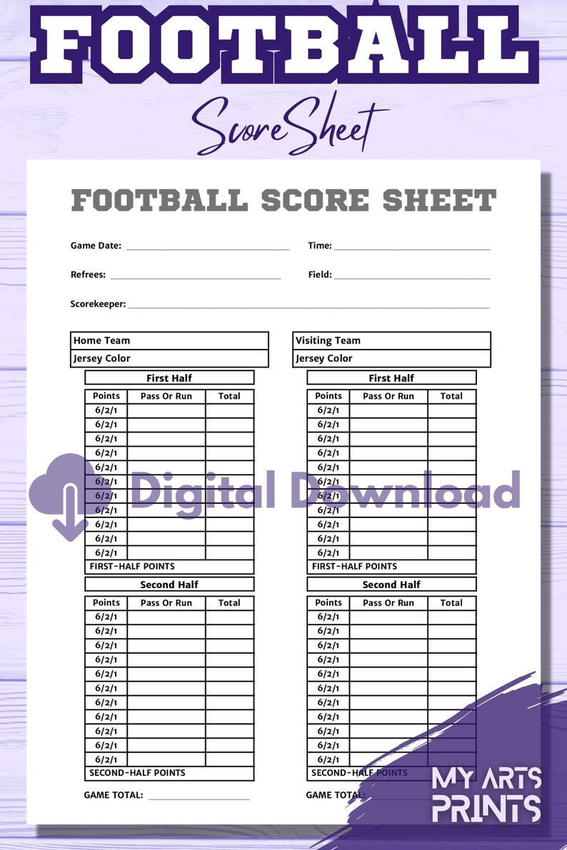 Football Score Sheet Printable Instant Download PDF American Football ...