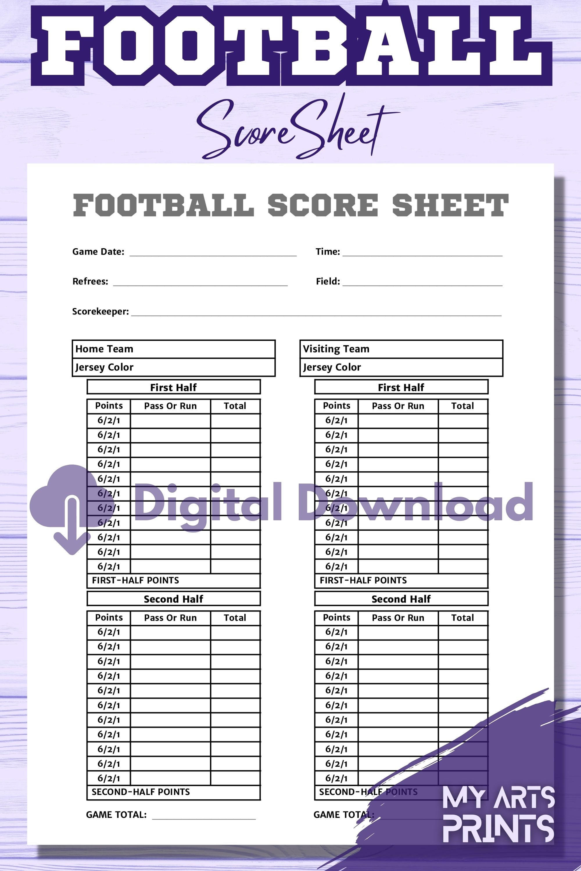 Football Score Sheet Printable Instant Download PDF American Football ...