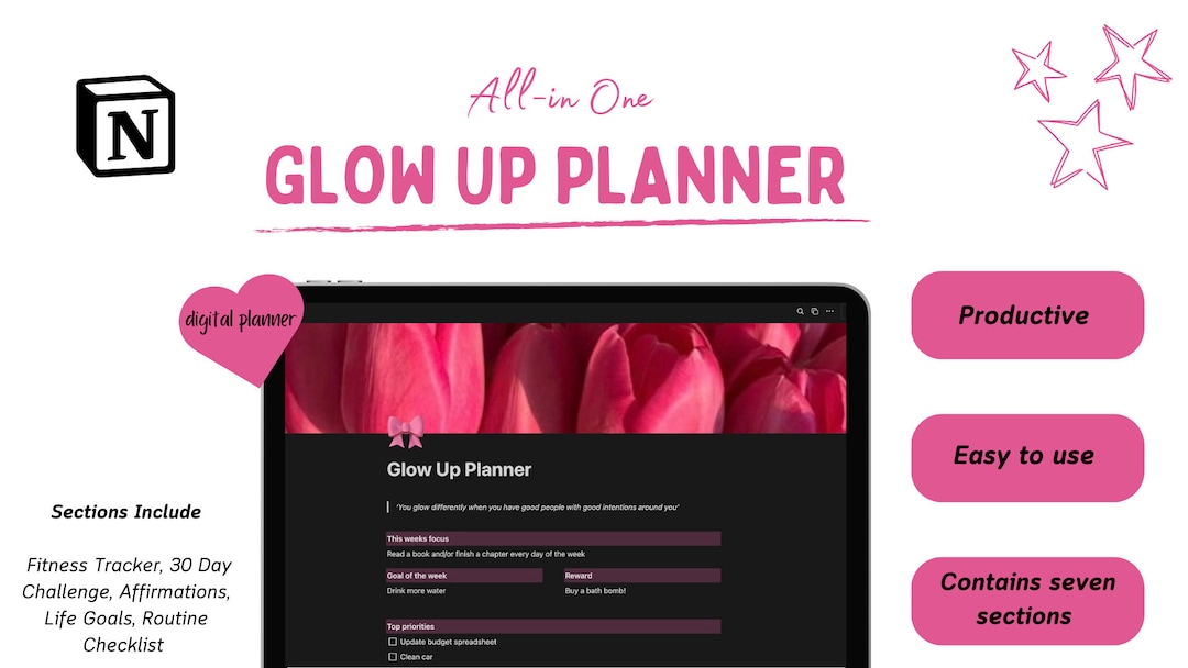 Notion Template All in One Glow up Planner, Wellness Tracker Notion ...