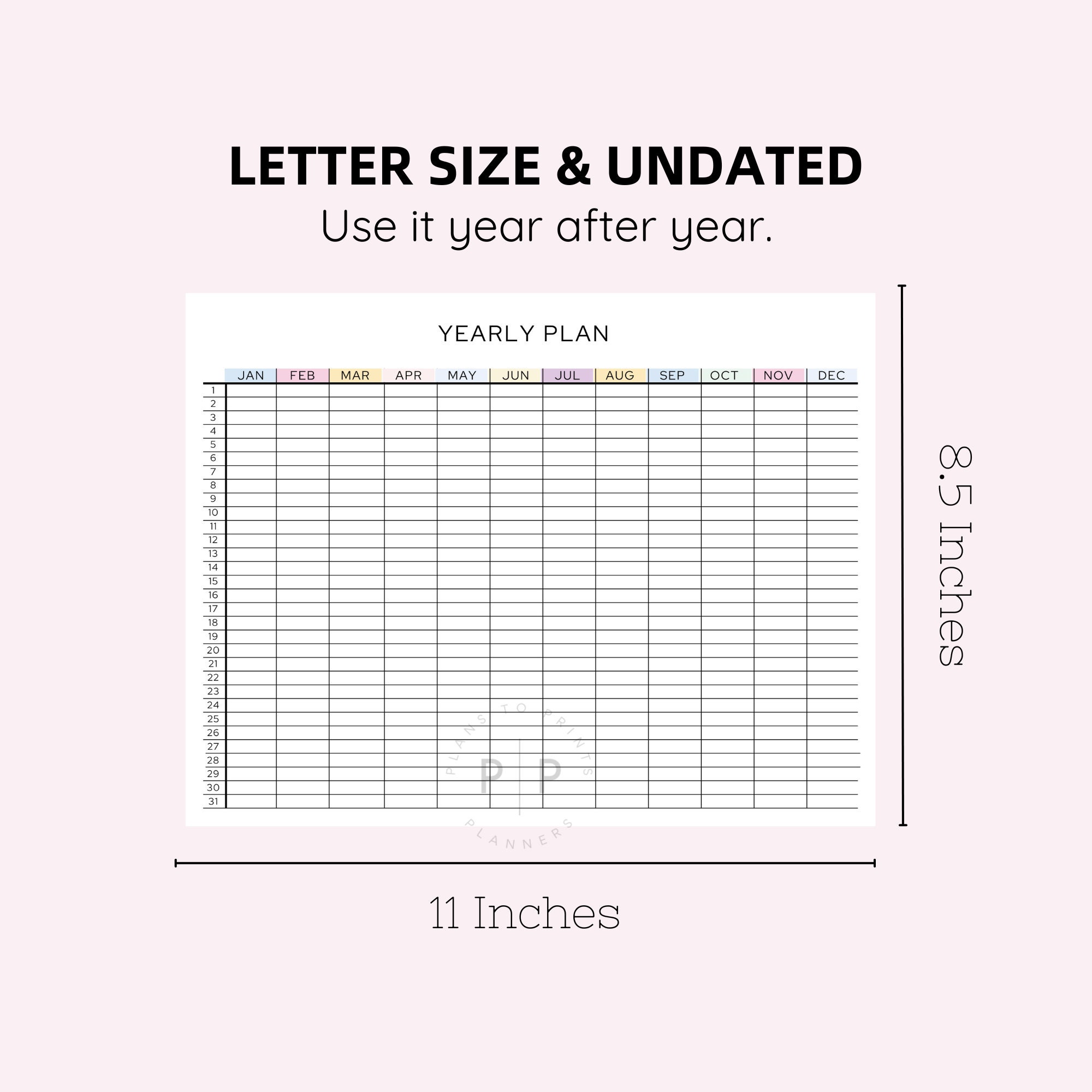 Blank Minimalist Planner Yearly Overview Wall Calendar Printable ...