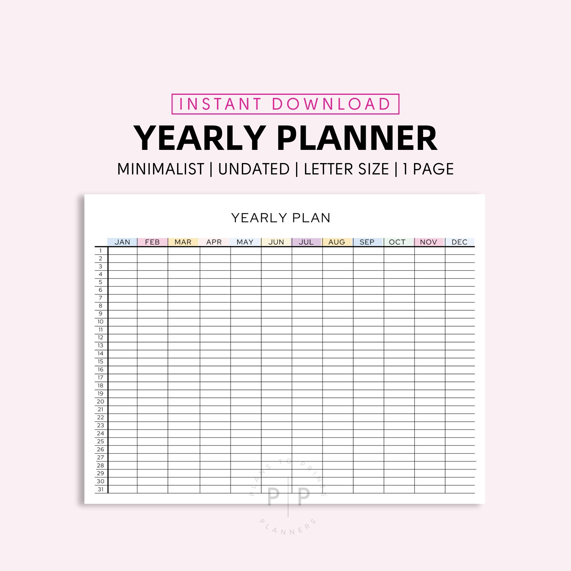 Blank Minimalist Planner Yearly Overview Wall Calendar Printable ...