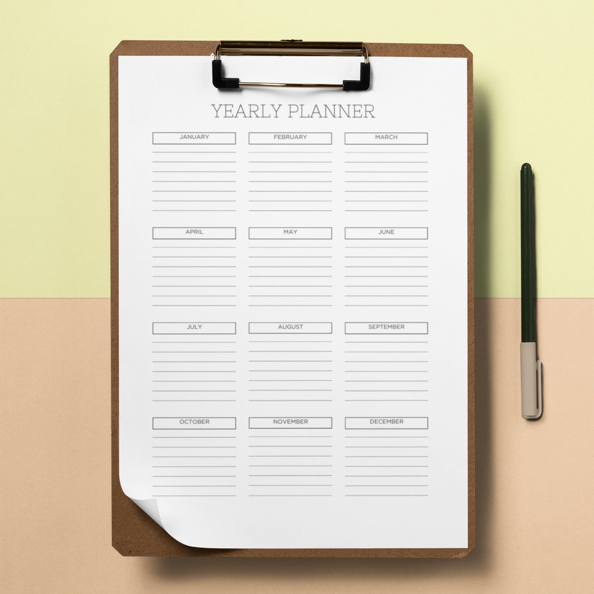 Yearly Planner Printable, Desk Planner 12 Month Overview, Minimalist ...