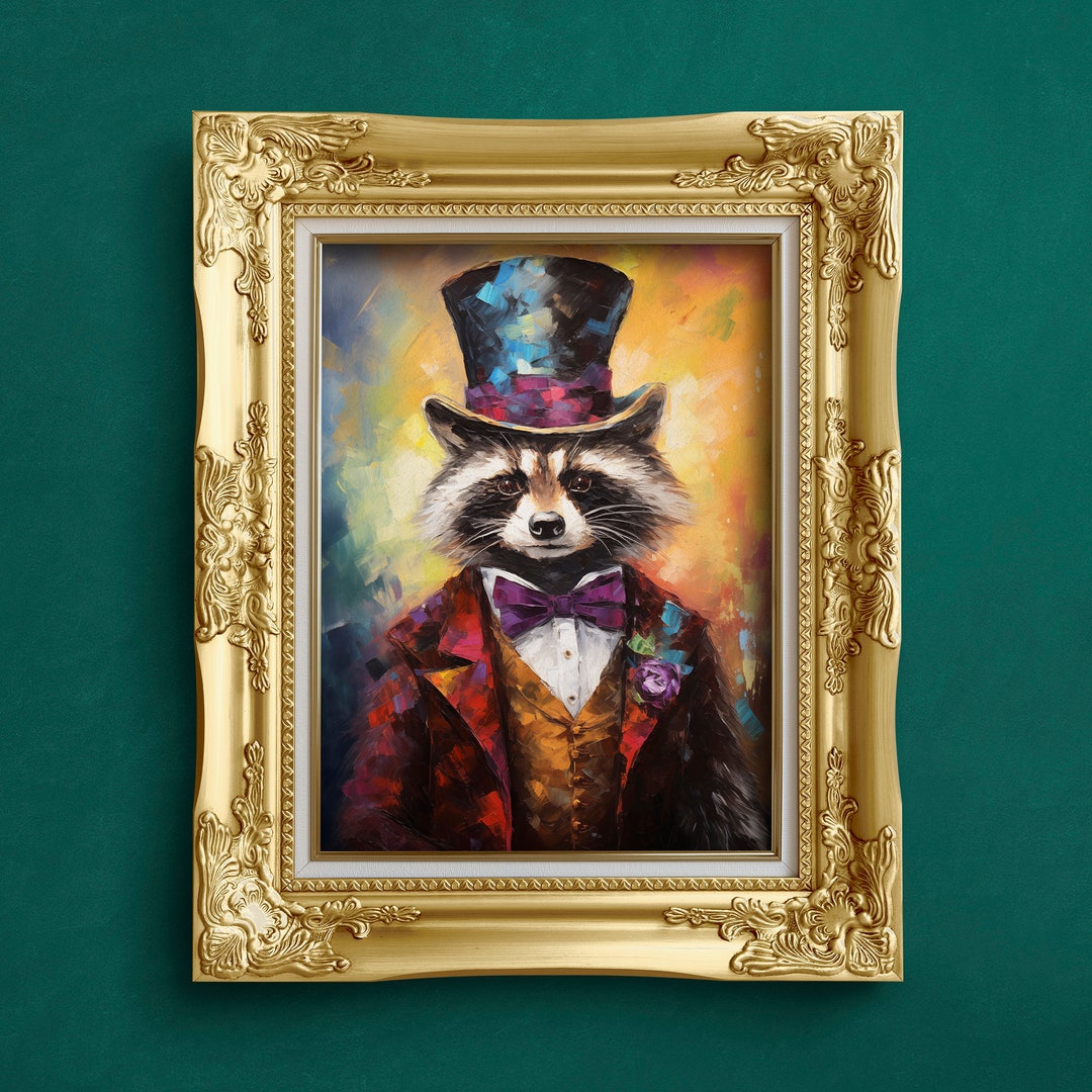 Colorful Fine Art Painting of Victorian Raccoon Wearing a Top Hat and ...