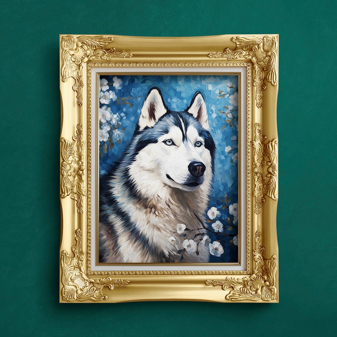 Fine-art Painting of Husky Dog With Blue Backdrop and White Blossoms ...