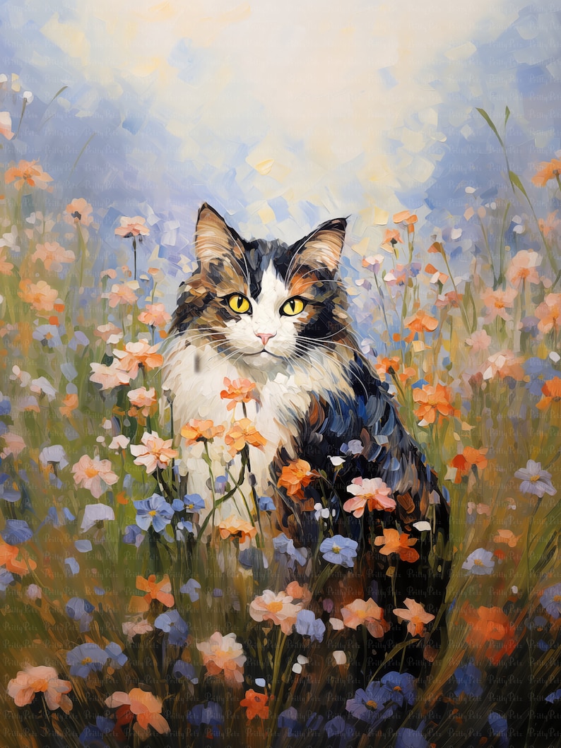 Rolled Posters, Cat Art Print, Calico Cat Poster, Floral Painting, Wall ...