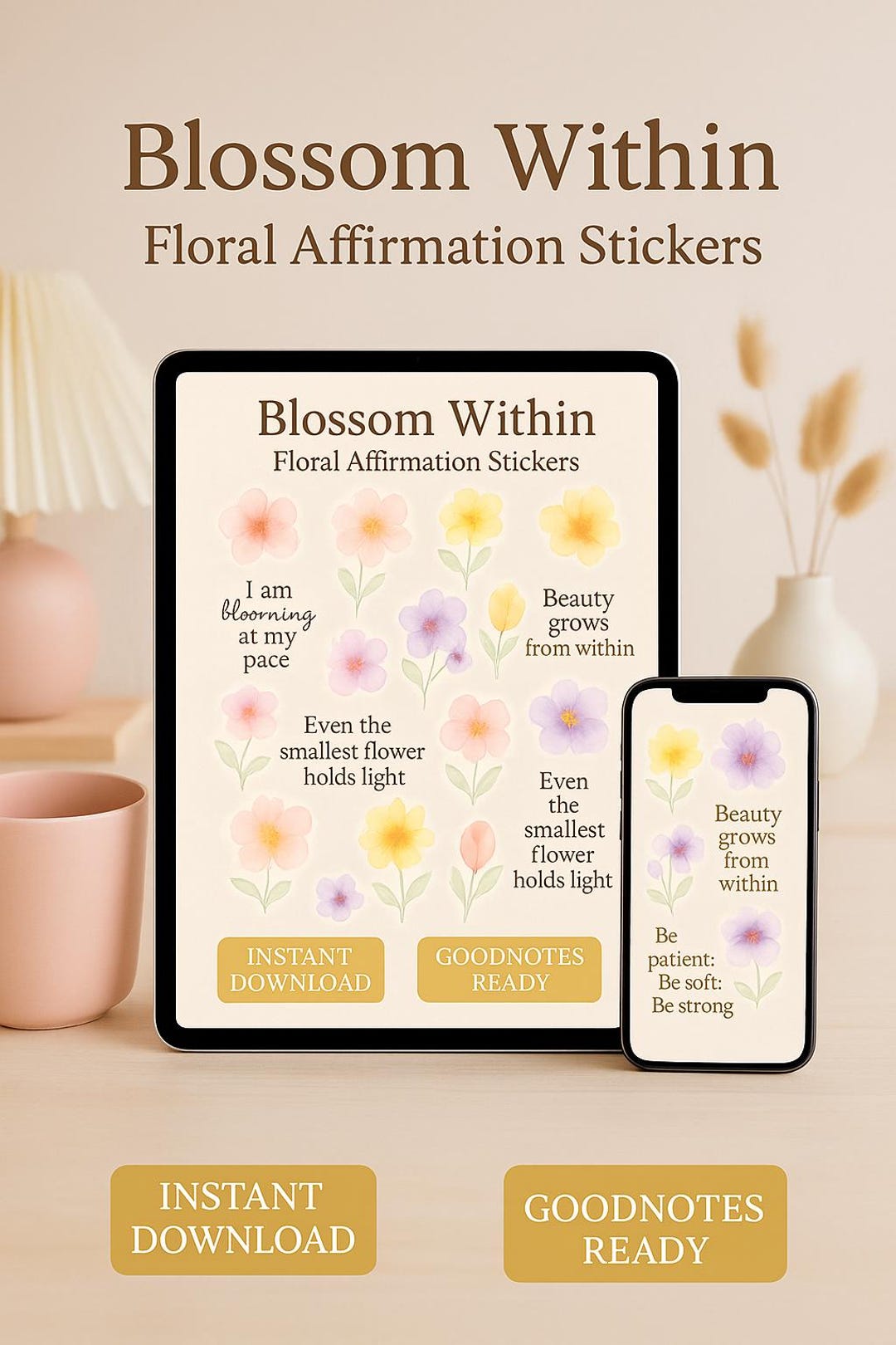 Blossom Within Floral Affirmation Stickers – Watercolor Goodnotes Set ...