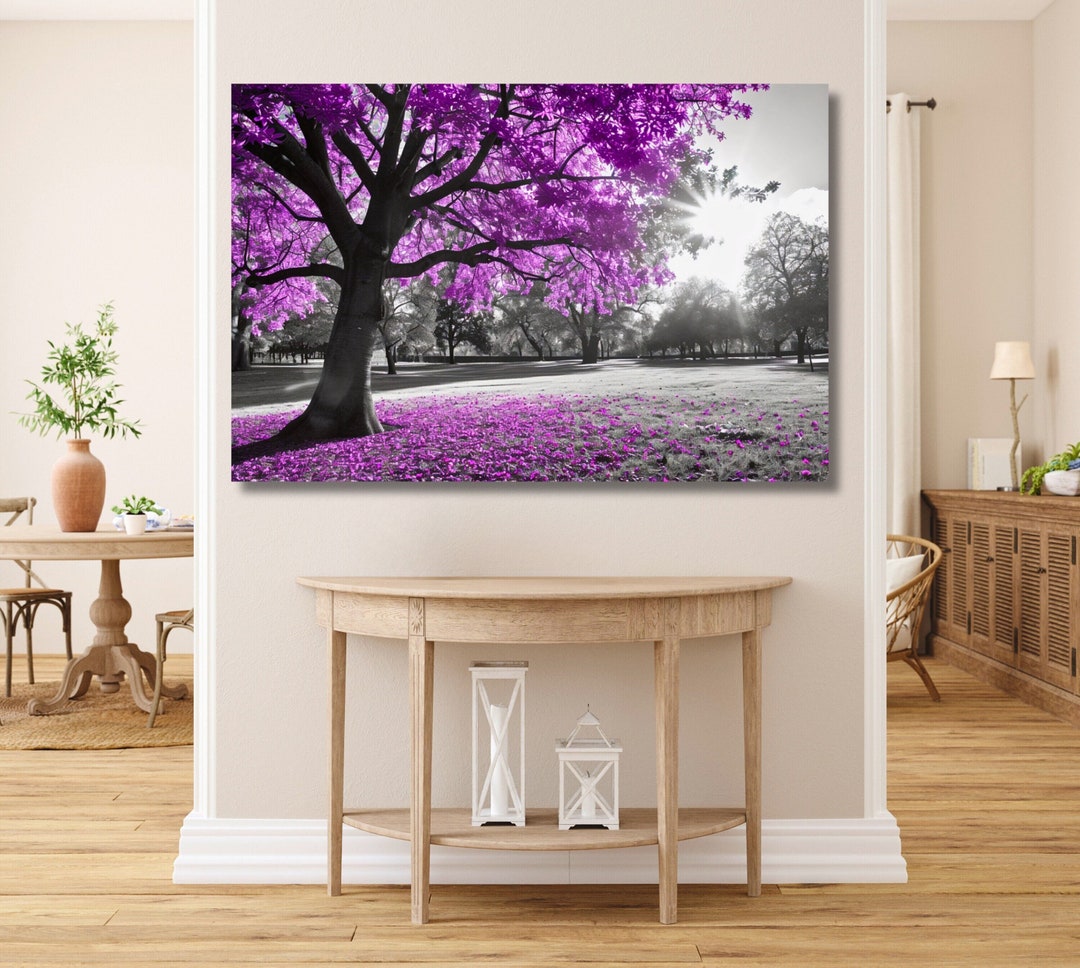 Purple Wall Art, Botanical Painting, Purple Tree in a Black & White ...