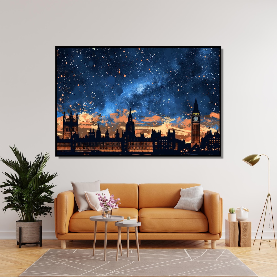 Starry Night Big Ben London Skyline Canvas Art, Night Sky Wall Art ...