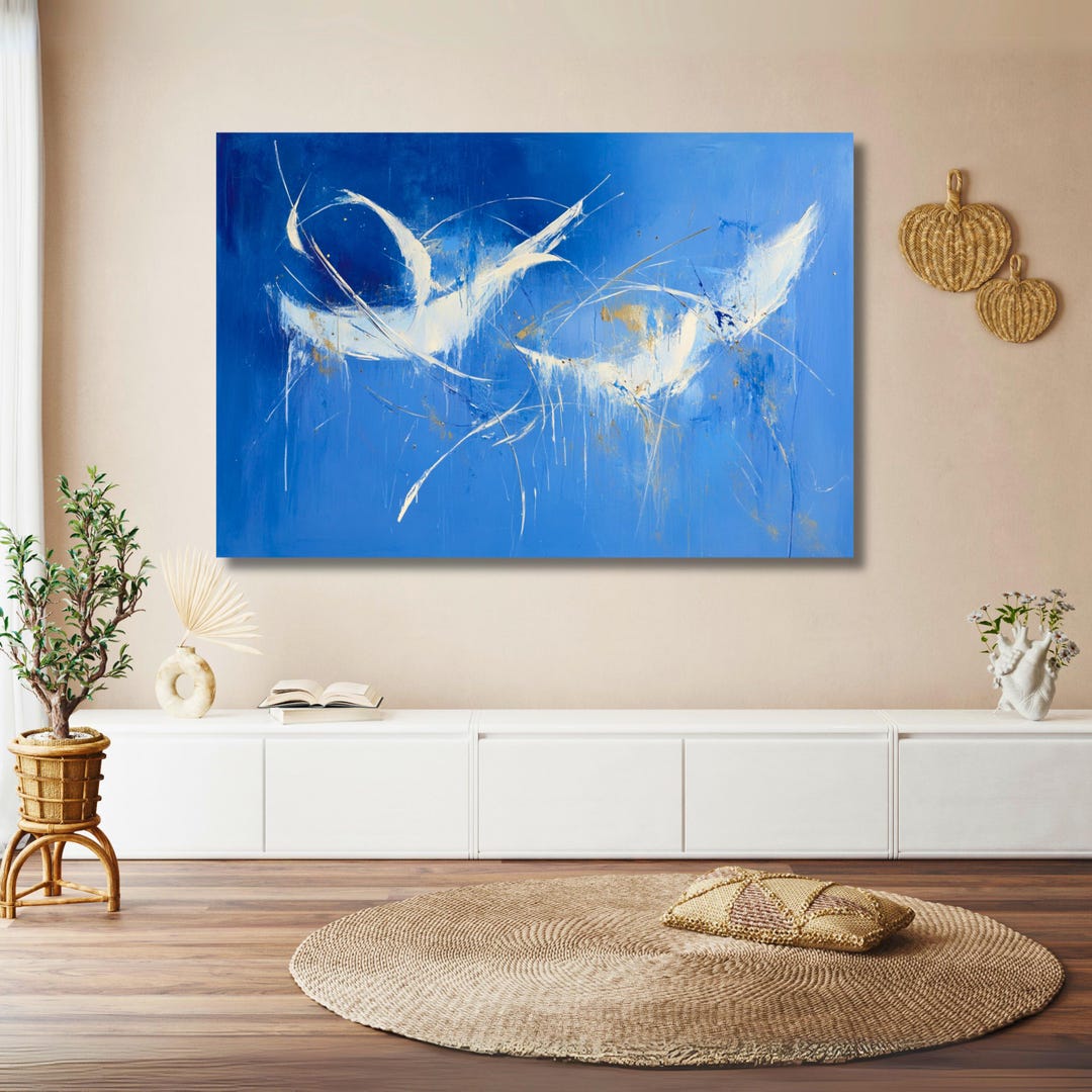 Abstract Blue Birds Canvas Art, Extra Large Wall Art, Modern Wall Decor ...
