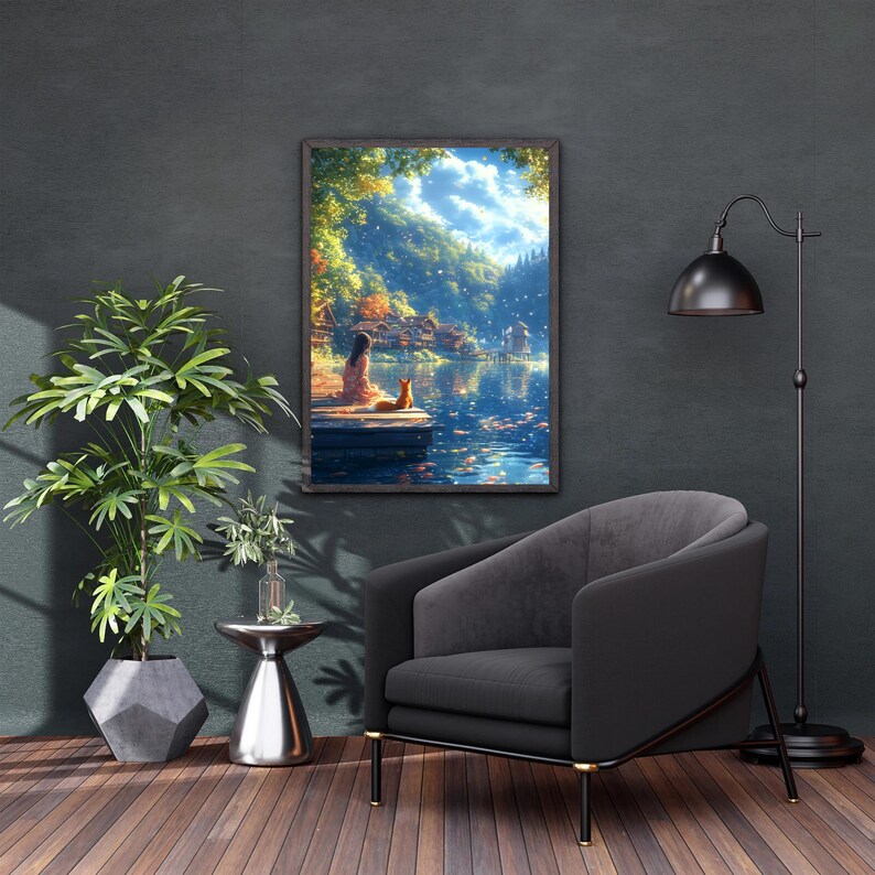 Cozy Lakeside Anime Art Print, Girl and Fox (digital Art) - Etsy