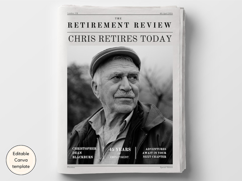 Editable Retirement Newspaper Template, Unique Gift Idea for Retiree ...