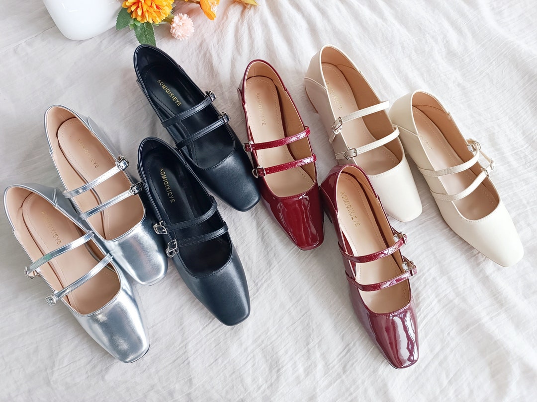 Double Straps Mary Jane, Thick Heel Mary Jane Pumps, Red Sliver Black ...