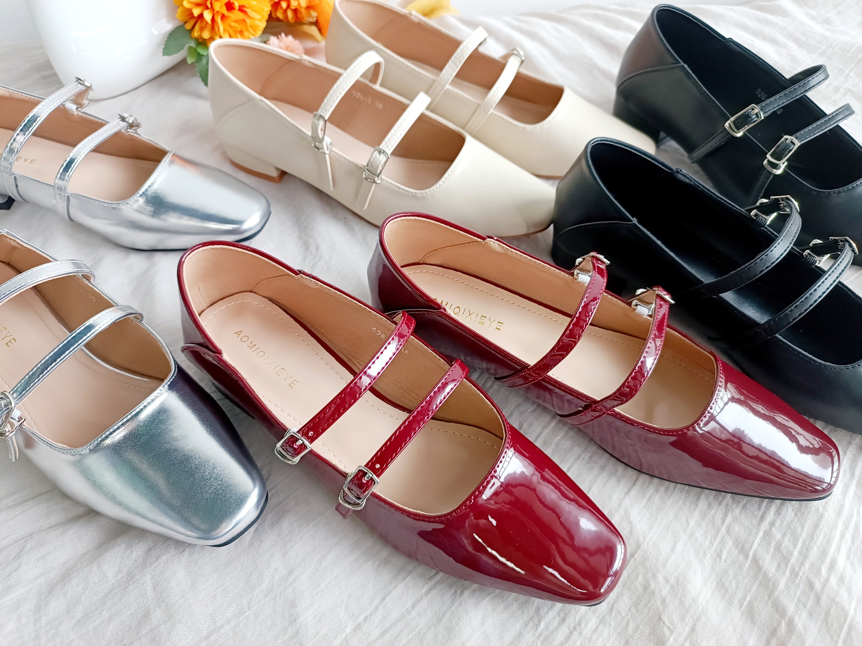 Double Straps Mary Jane, Thick Heel Mary Jane Pumps, Red Sliver Black ...