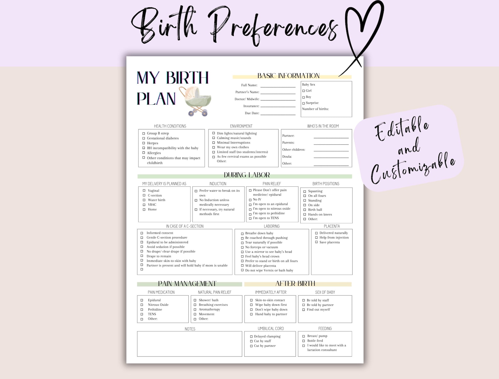 Birth Plan Template, Birth Plan Printable, Natural Birth Plan, Simple ...