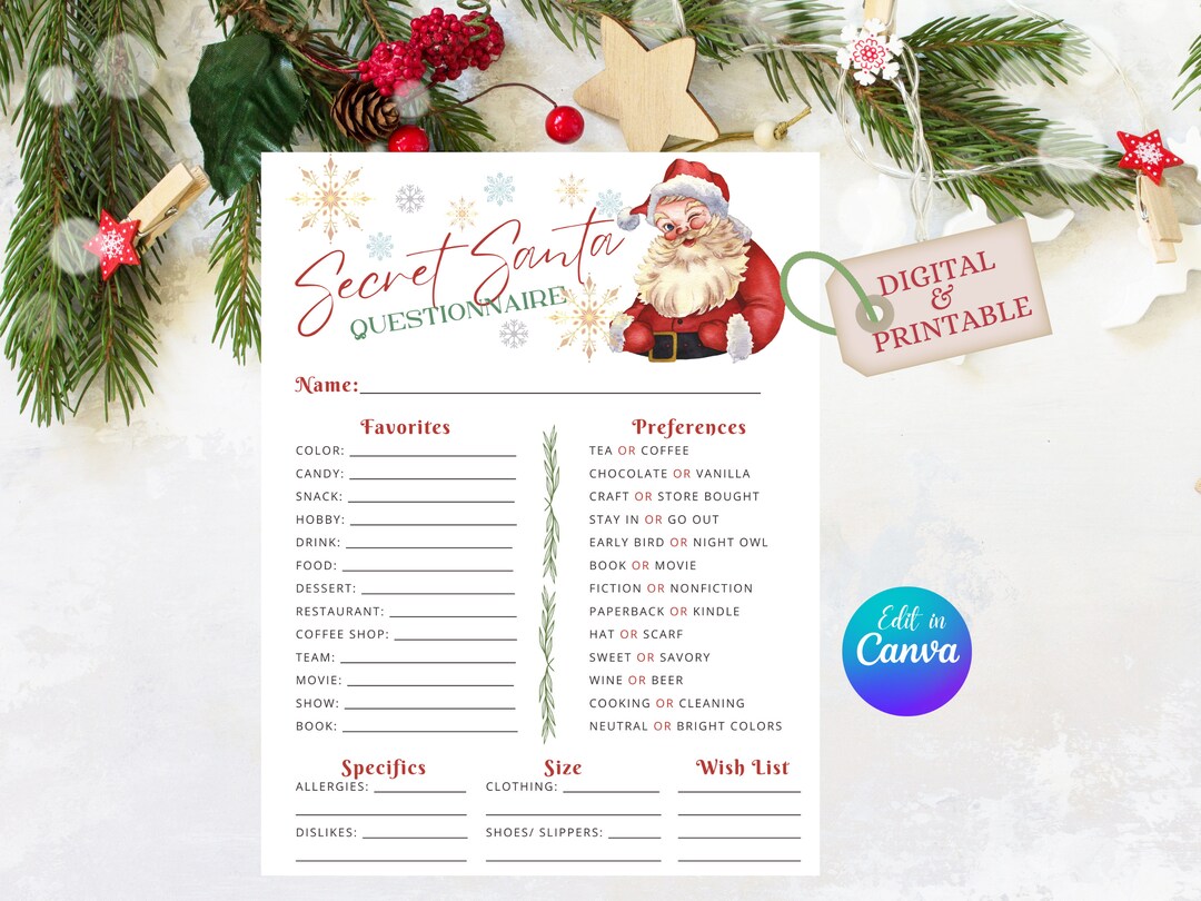 Printable Secret Santa Questionnaire | Christmas Work/family/friends ...