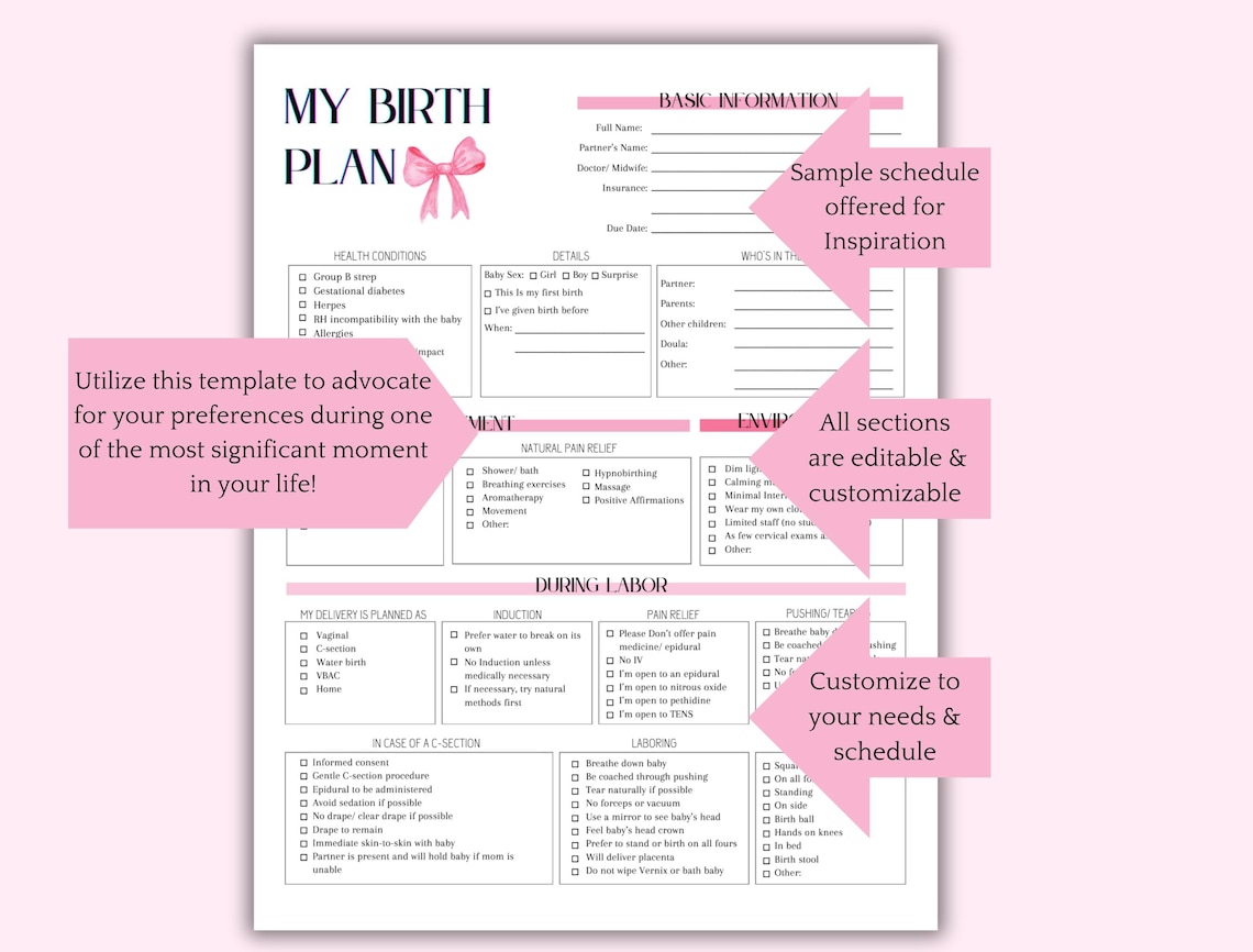 Birth Plan Template, Birth Plan Printable, Natural Birth Plan, Birth ...