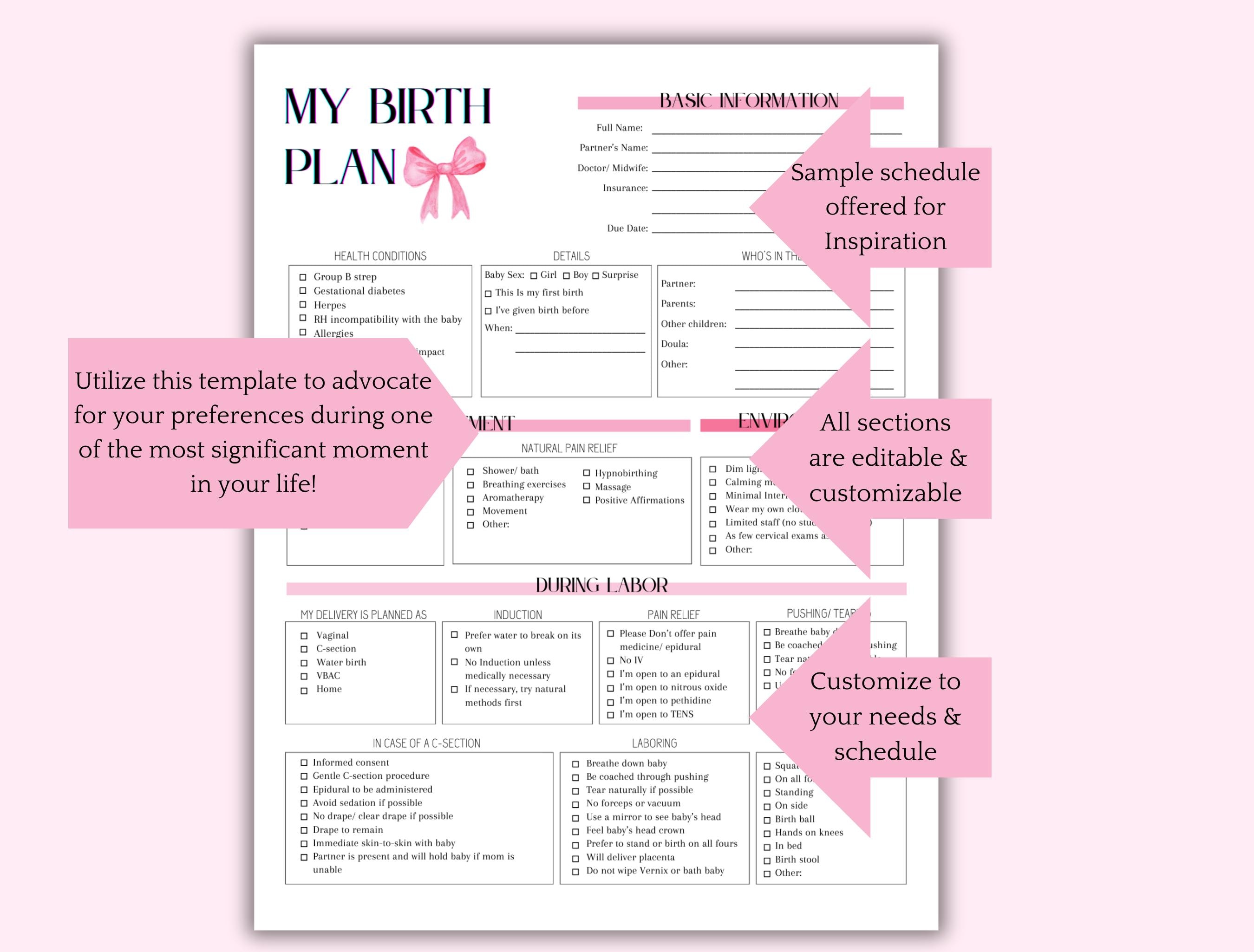 Birth Plan Template, Birth Plan Printable, Natural Birth Plan, Birth ...