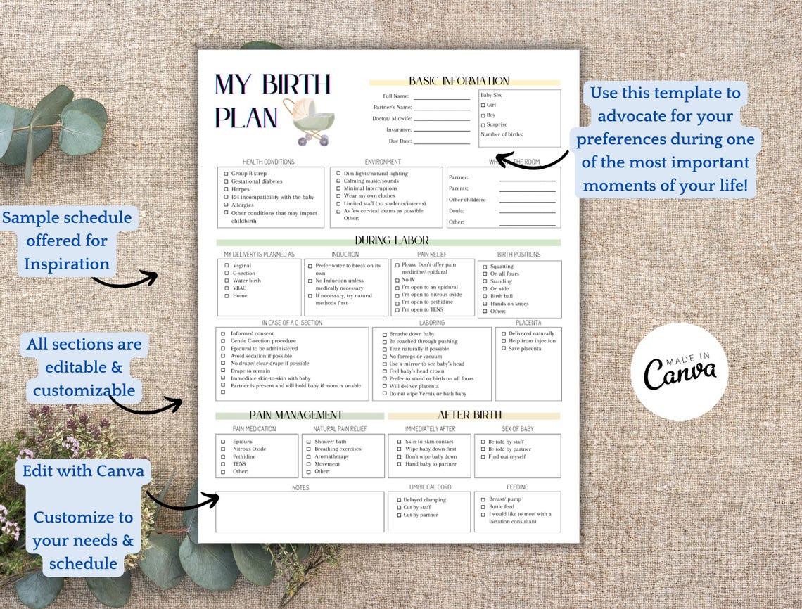 Birth Plan Template, Birth Plan Printable, Natural Birth Plan, Simple ...