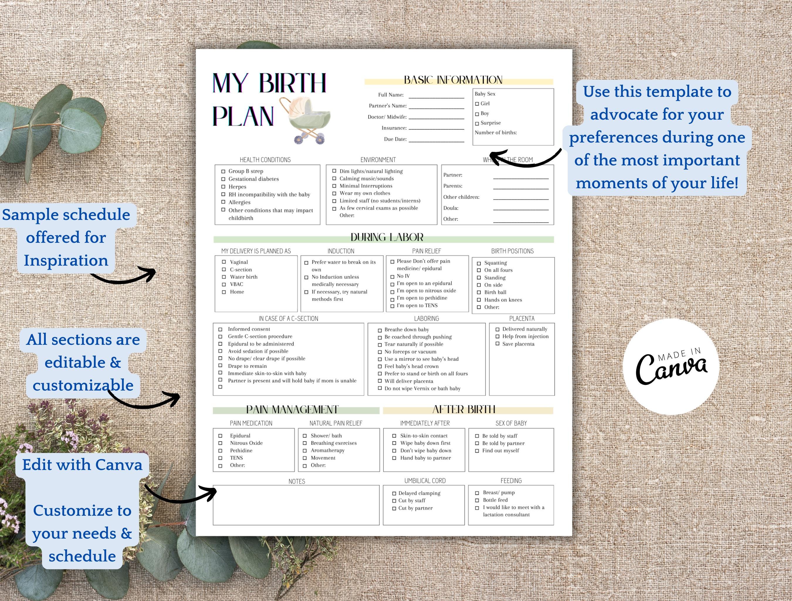 Birth Plan Template, Birth Plan Printable, Natural Birth Plan, Simple ...
