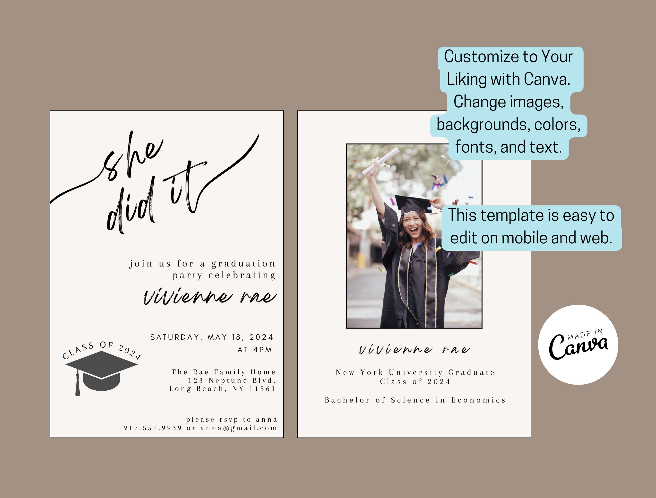 Graduation Invitation Template, College Graduate Announcement, Modern ...