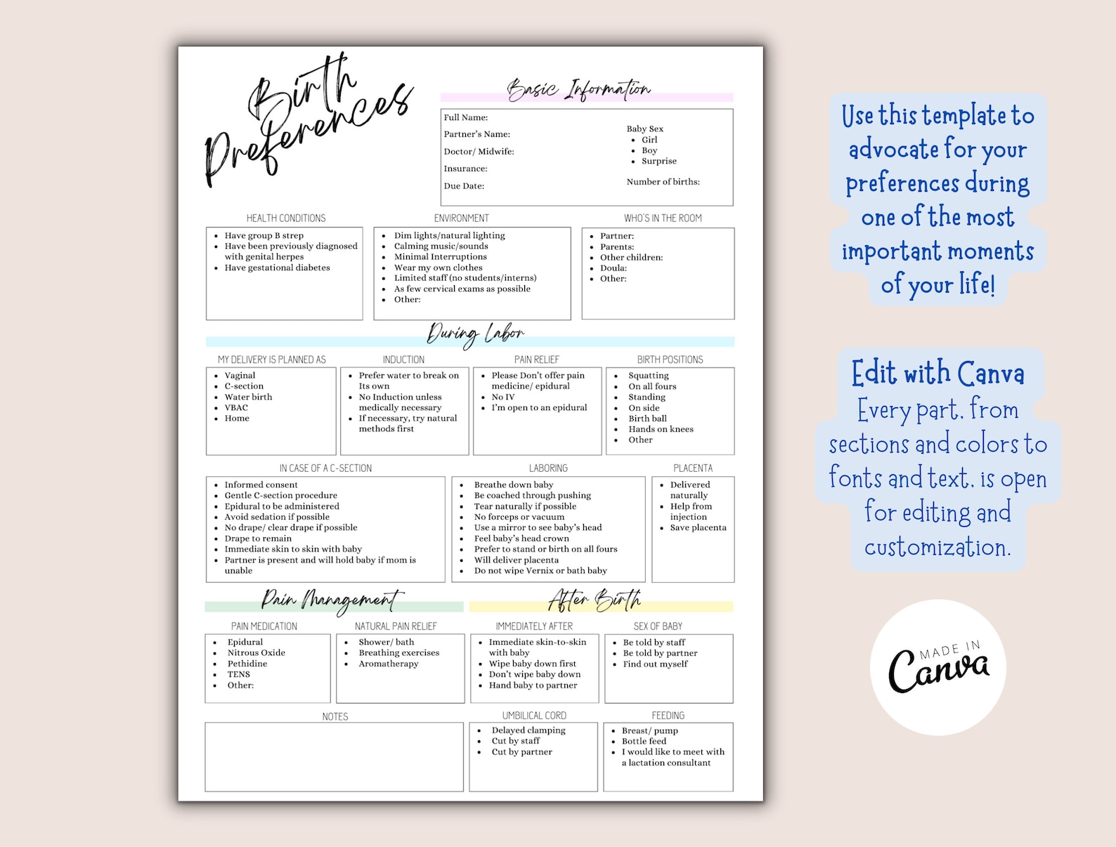 Birth Plan Template, Birth Plan Printable, Natural Birth Plan, Birth ...