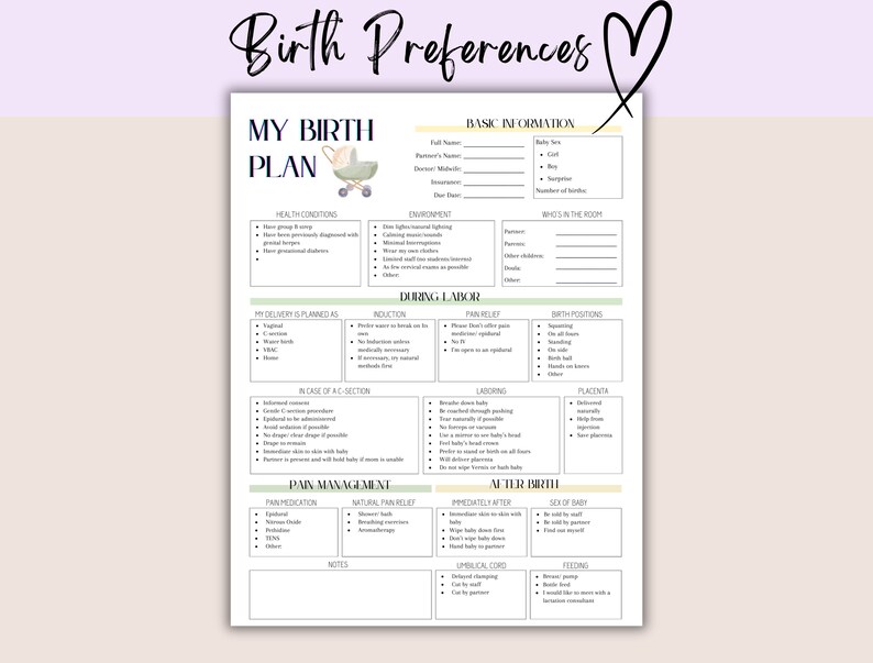 Birth Plan Template, Birth Plan Printable, Natural Birth Plan, Simple ...