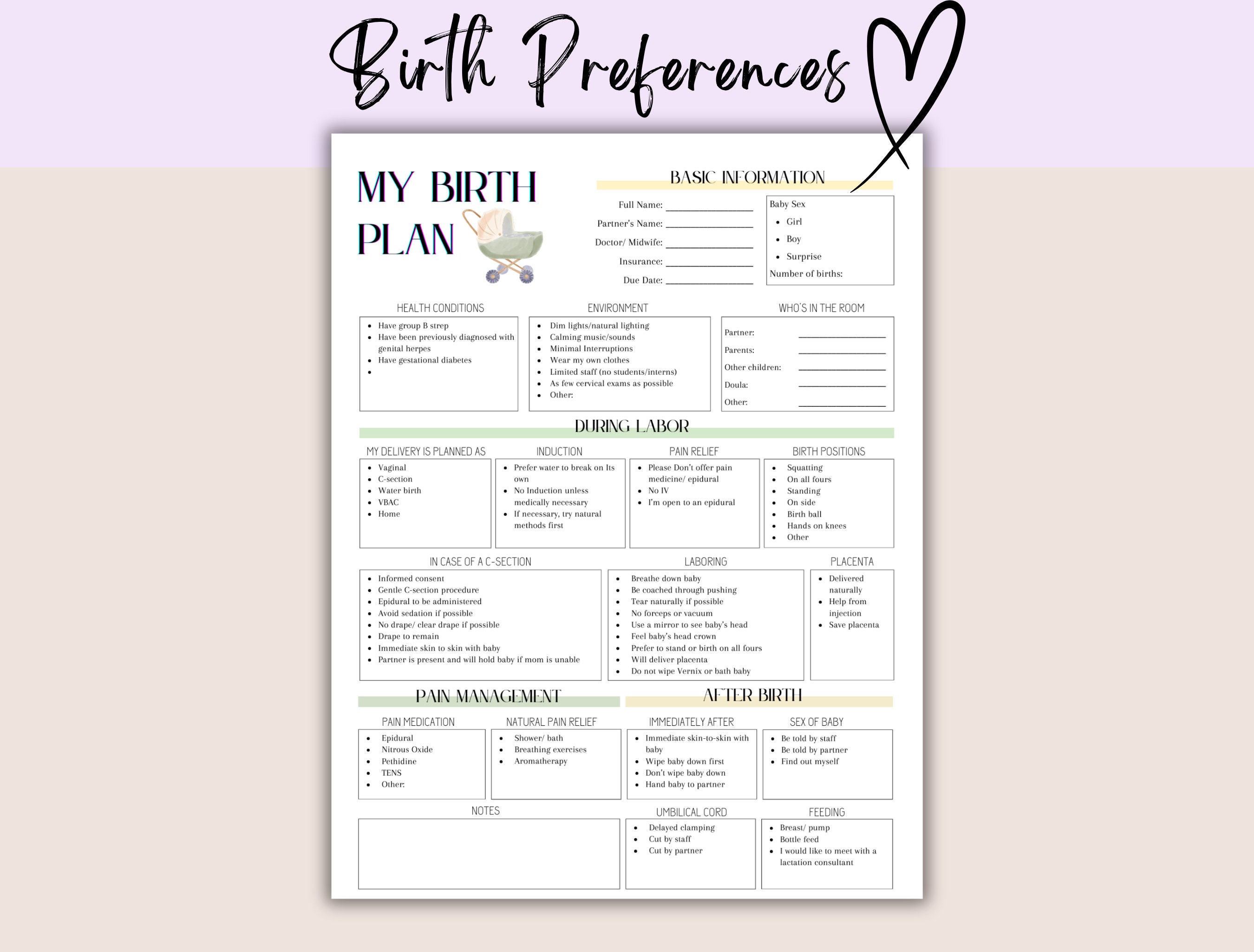 Birth Plan Template, Birth Plan Printable, Natural Birth Plan, Simple ...