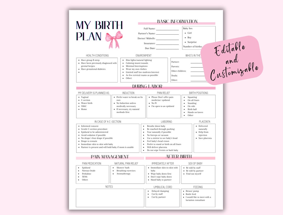 Birth Plan Template, Birth Plan Printable, Natural Birth Plan, Birth ...