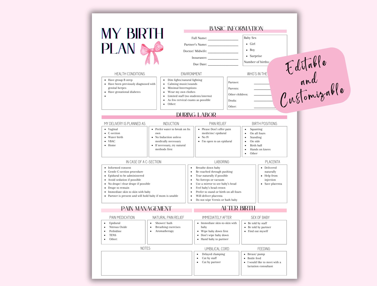 Birth Plan Template, Birth Plan Printable, Natural Birth Plan, Birth ...