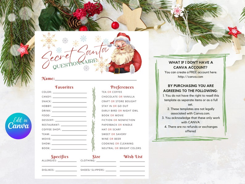 Printable Secret Santa Questionnaire | Christmas Work/family/friends ...