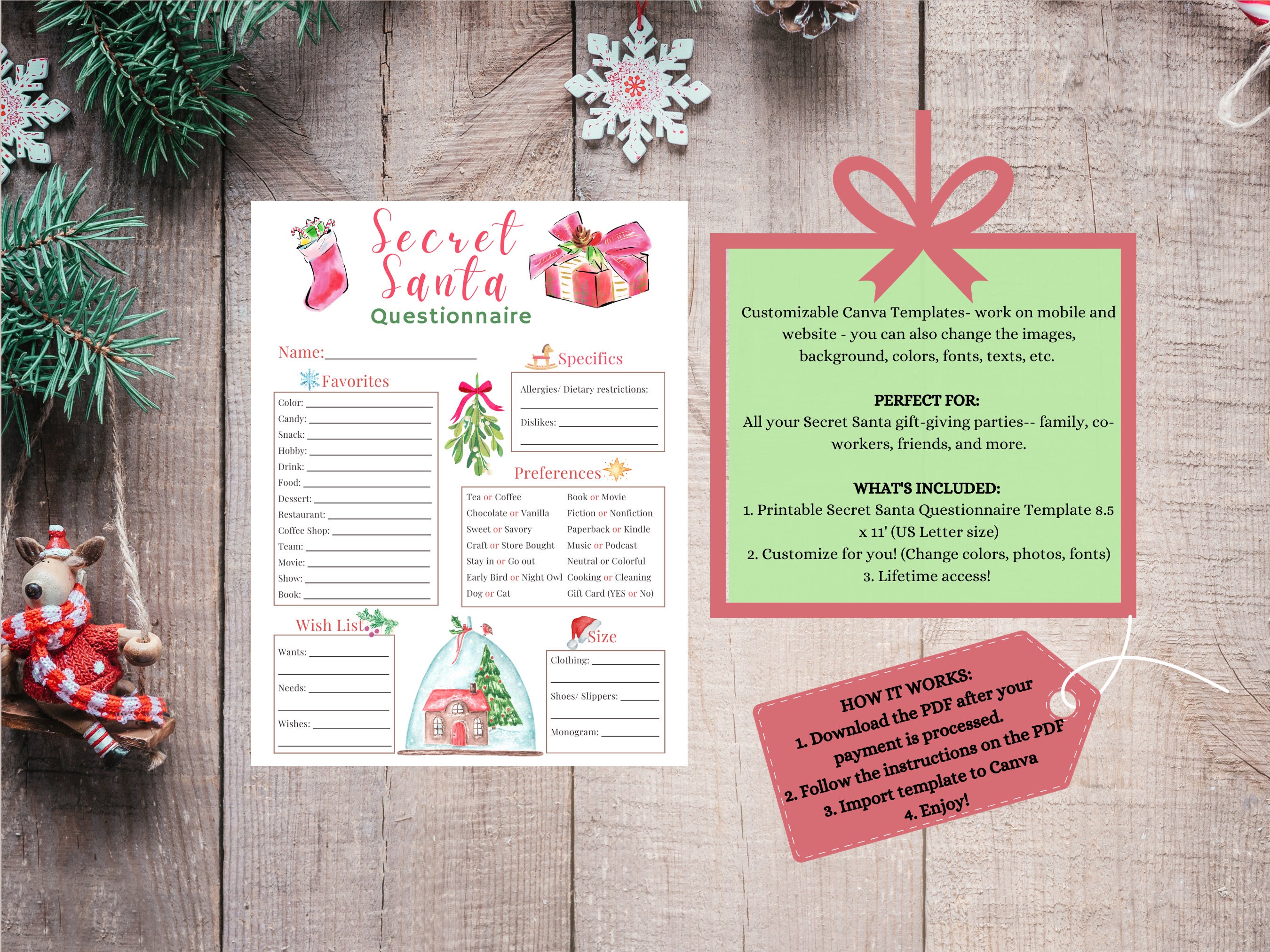 Secret Santa Questionnaire Printable and Editable | Christmas Party ...