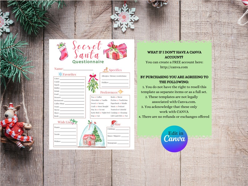 Secret Santa Questionnaire Printable and Editable | Christmas Party ...