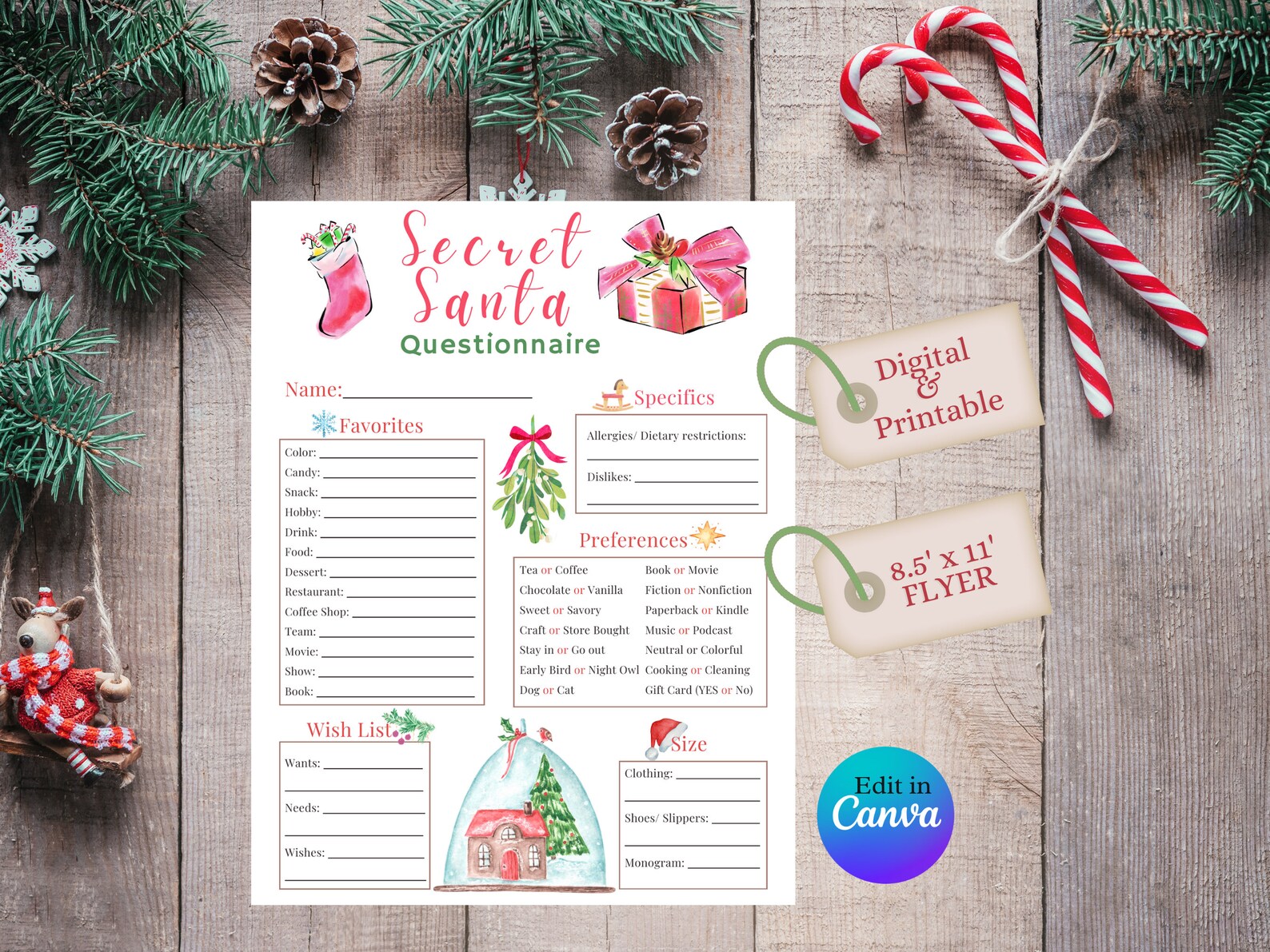 Secret Santa Questionnaire Printable and Editable | Christmas Party ...
