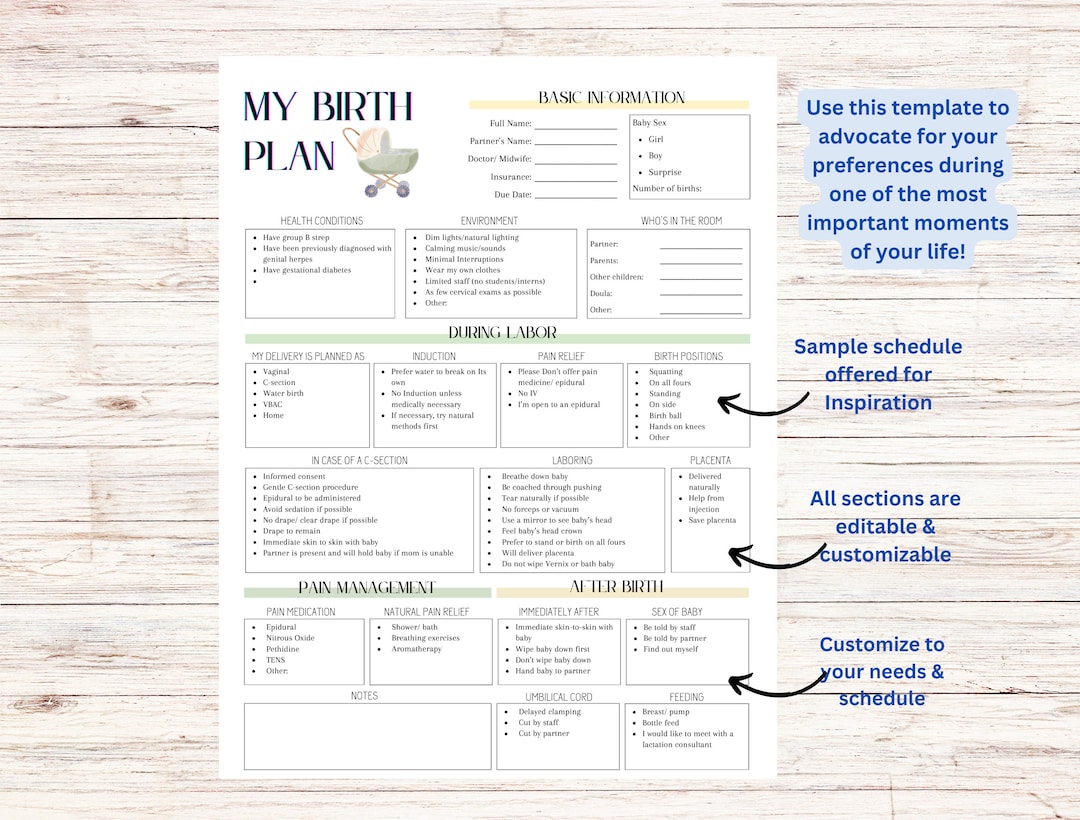 Birth Plan Template, Birth Plan Printable, Natural Birth Plan, Simple ...