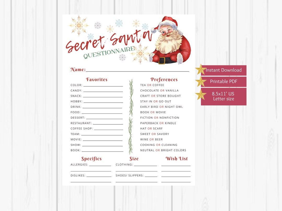 Printable Secret Santa Form | Christmas Gift Exchange Questions ...
