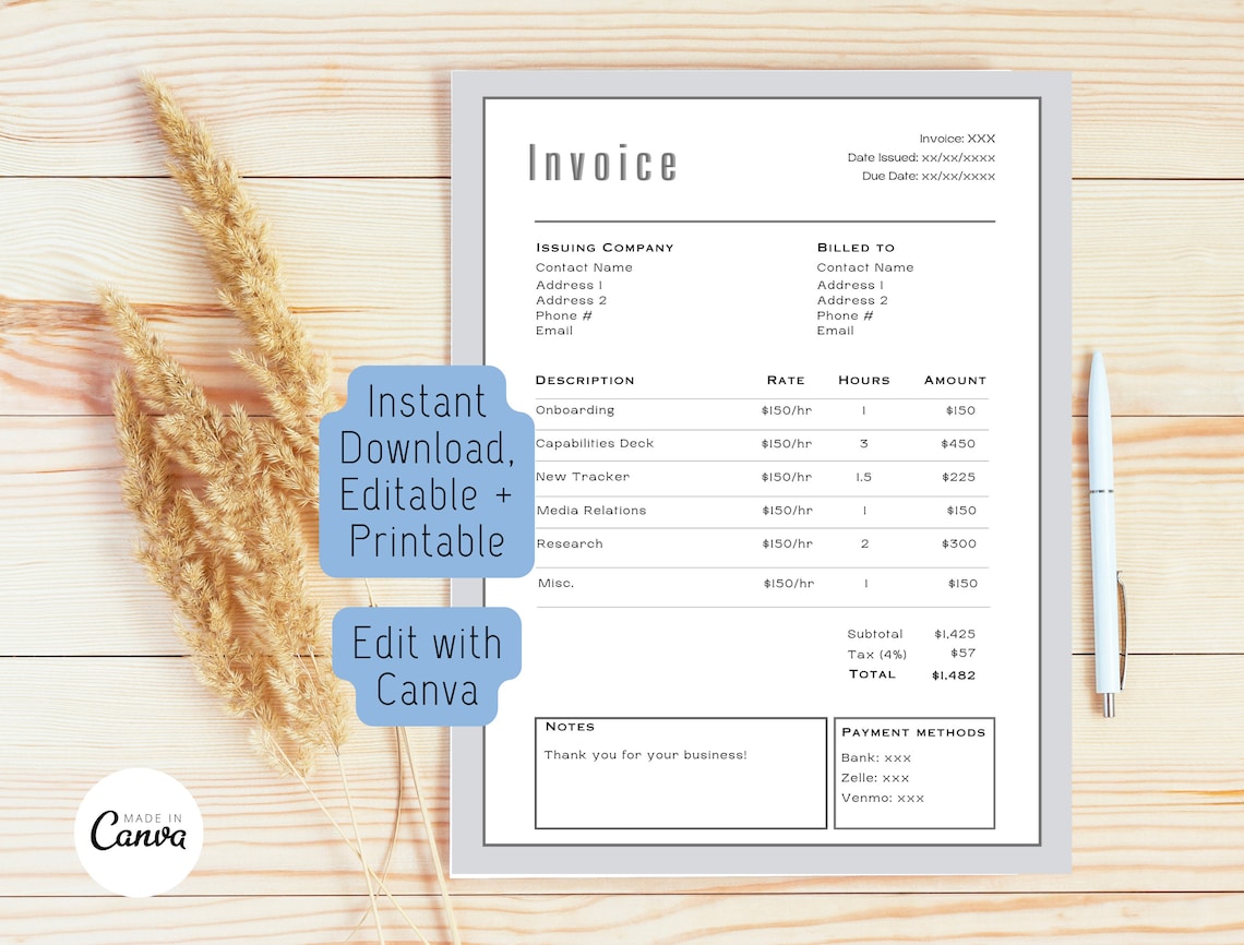 Editable Invoice Template Canva Template Invoice Template Printable ...