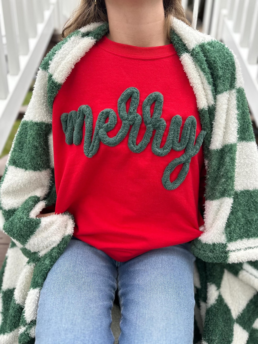 Merry Christmas Shirts, Chenille Letter Sweatshirt Cute Holiday Sweater ...