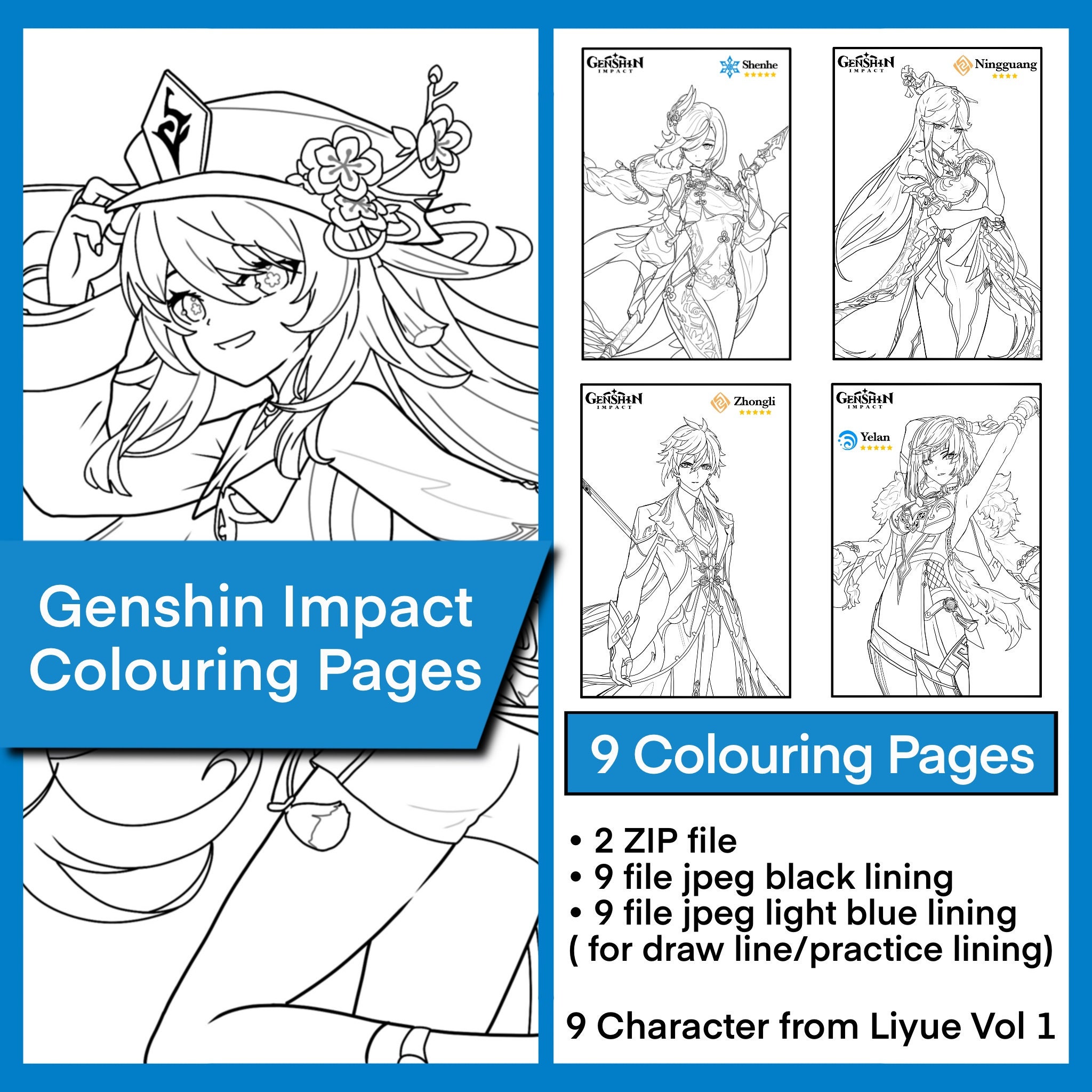 New Genshin Impact 9 Liyue Character Vol 1 Colouring Book for Adults ...