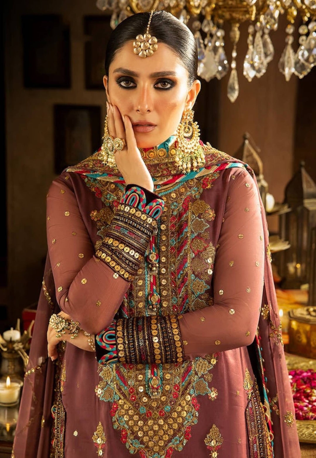 Pakistani Velvet Stocking, Kashmir Shawl, Olive Green Chiffon ...